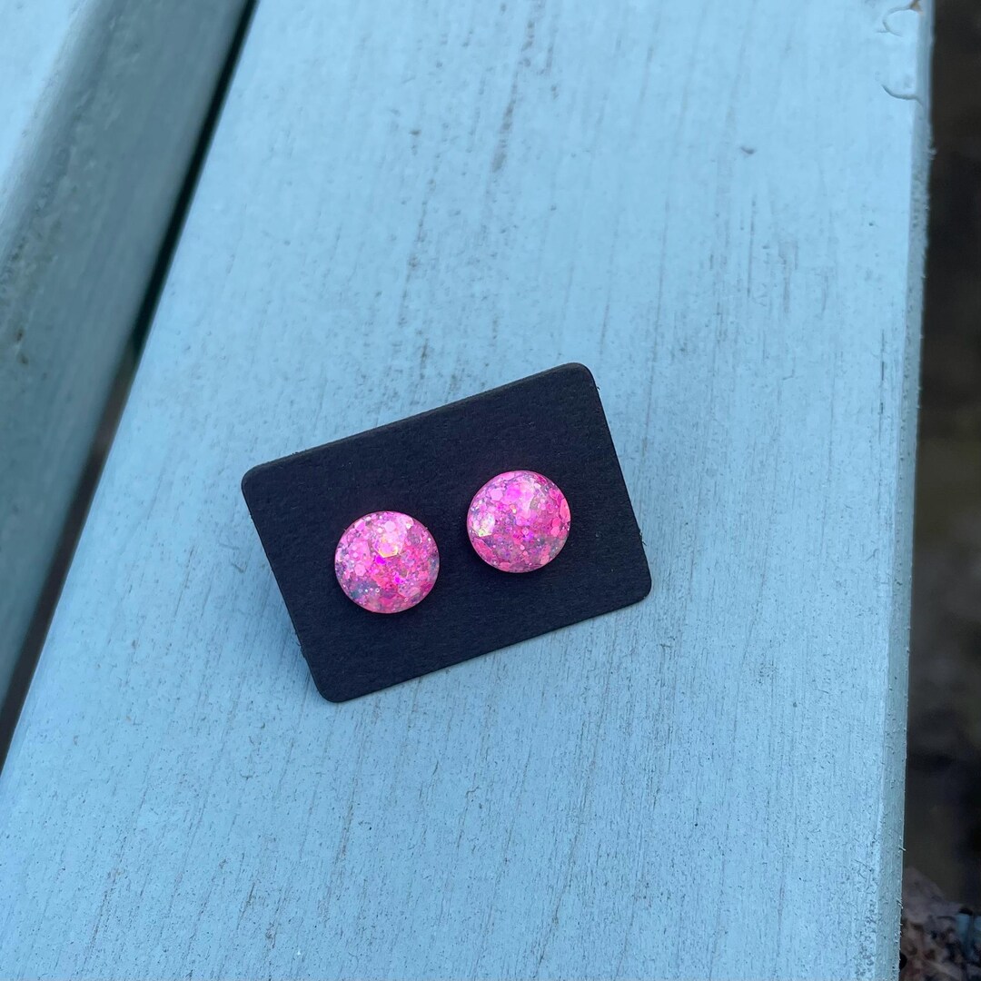 Pink Studs 10mm / Circular Studs / Pink Earrings / Sparkly Stud ...