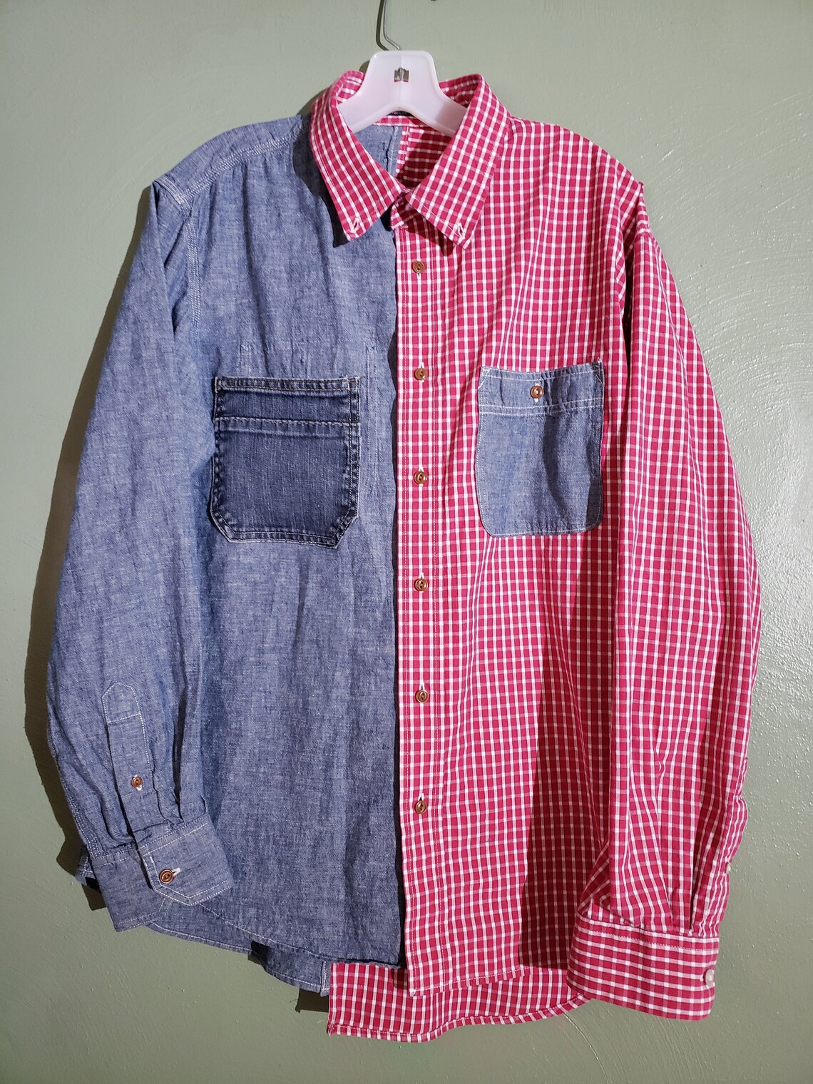 Upcycled Mens Button Down Shirt Denim Blue And Red Etsy