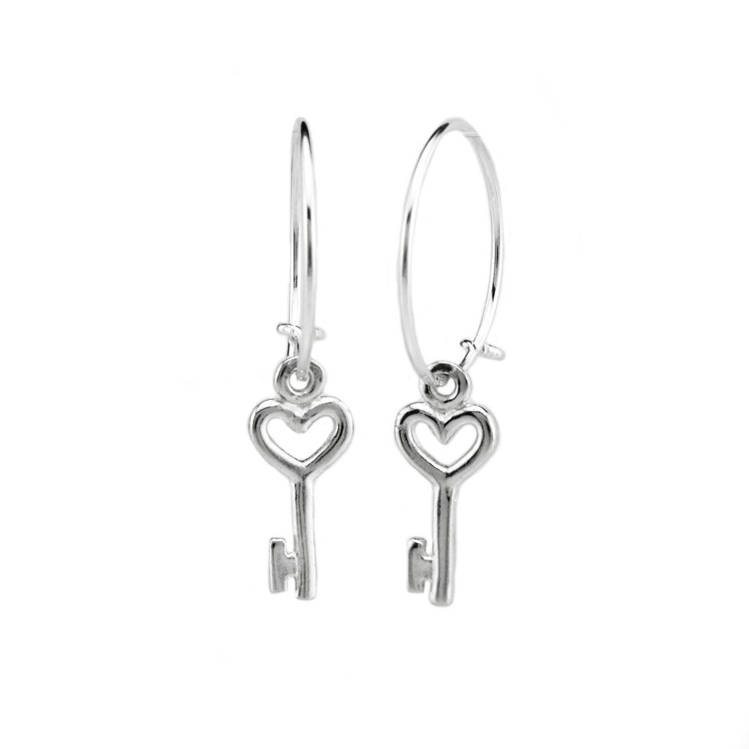Heart Charm Key Earrings Sterling Silver Heart Charm Key Hoop Dangle ...