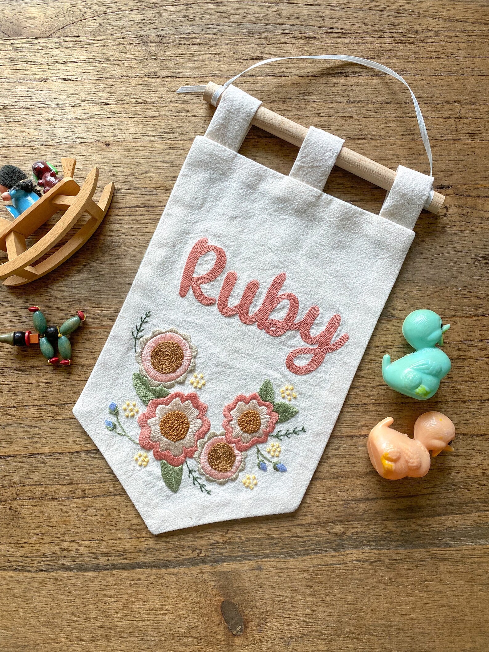 Customisable Floral Name Banner / Hand Embroidered / Hand Stitched ...