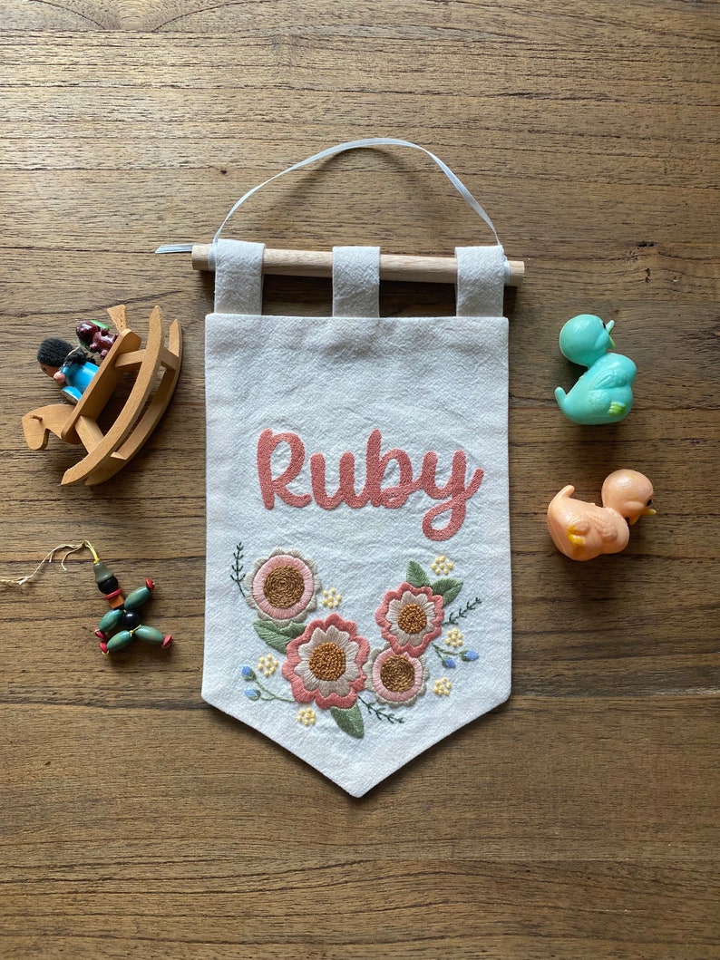 Customisable Floral Name Banner / Hand Embroidered / Hand Stitched ...