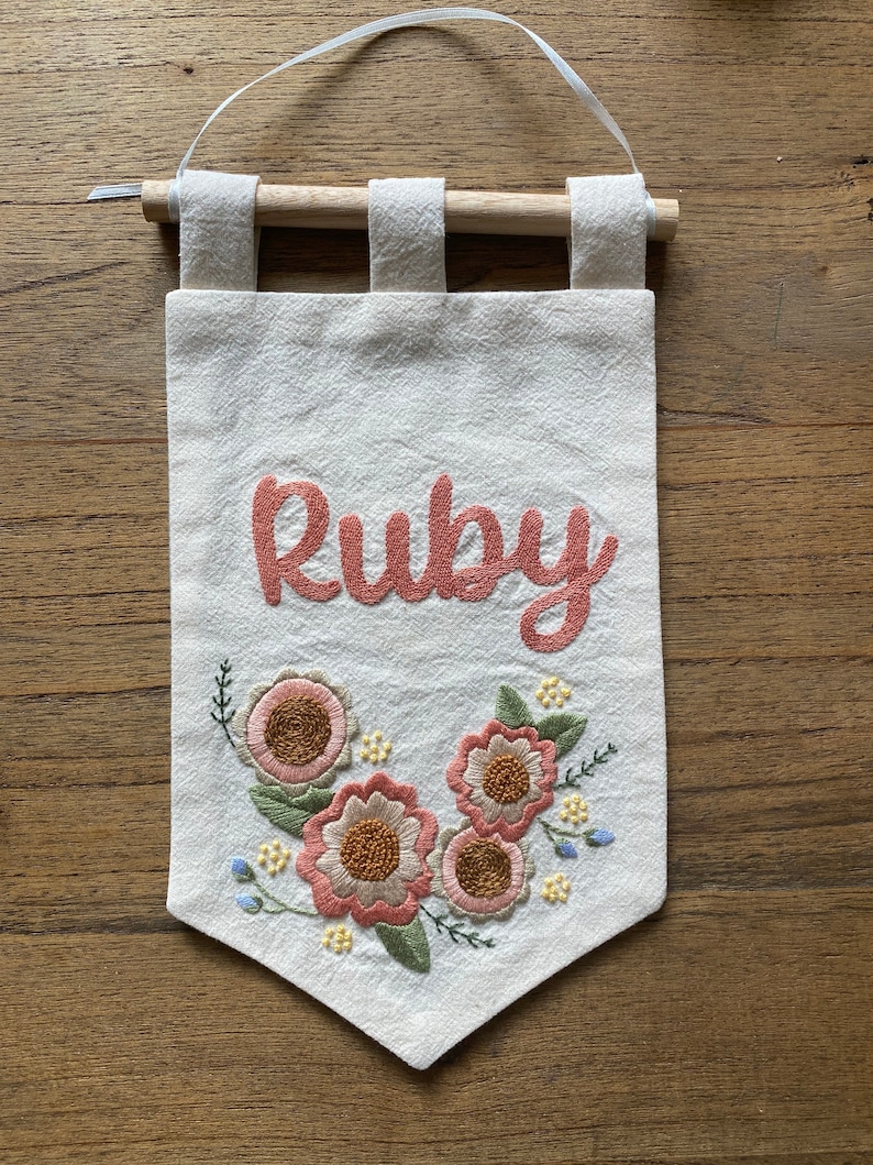 Customisable Floral Name Banner / Hand Embroidered / Hand Stitched ...