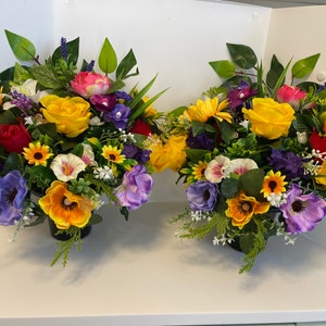 Cemetery Memorial Flower Pots: Vibrant Artificial Flowers, Flat Backed ...