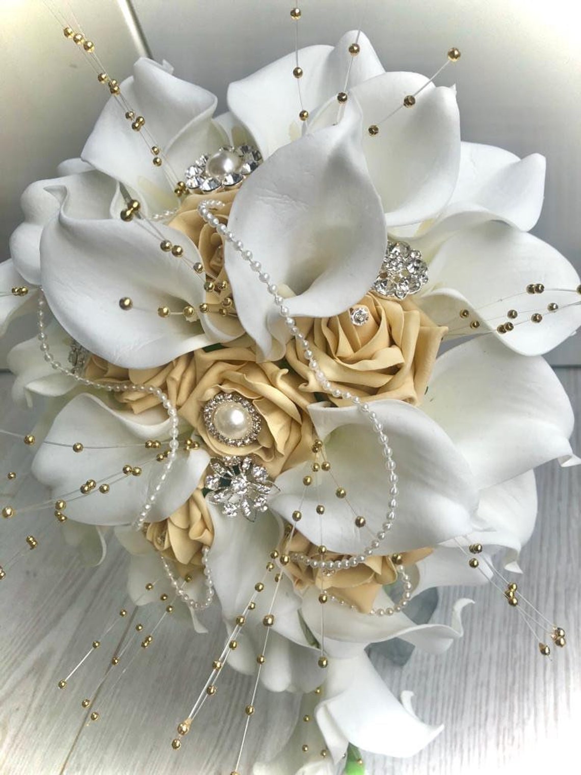 Bride Gold and White Artificial Calla Lily Teardrop Bouquet | Etsy