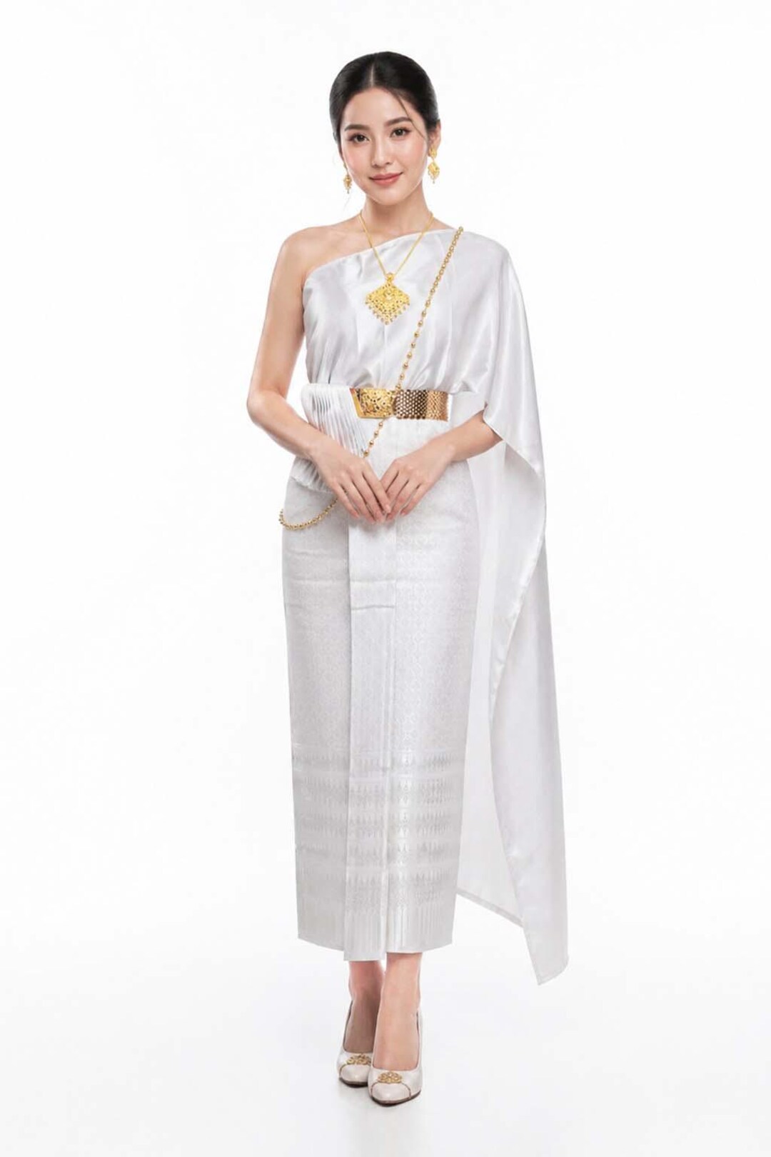 White Thai Faux Silk Outfit: Sarong & Sash, Wedding Attire - Etsy