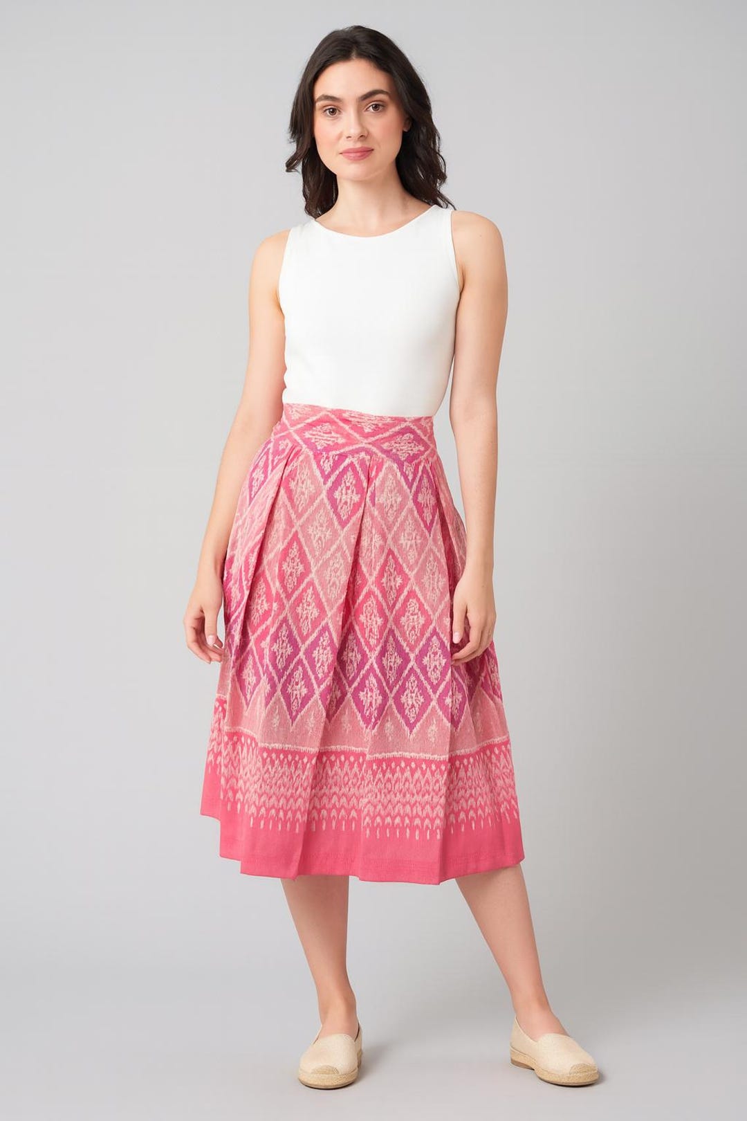 Pink Ikat Midi Skirt Traditional Thai Cotton Fabric Boho Ethnic Gypsy ...