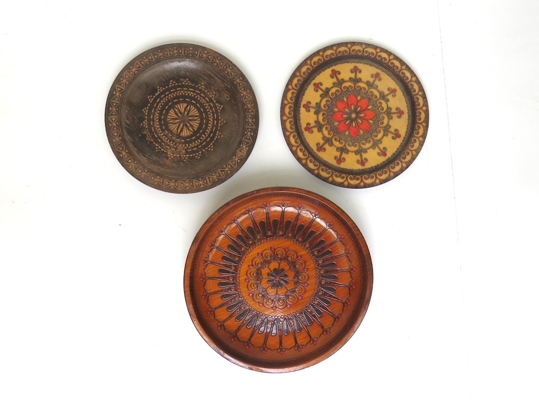 Vintage Carved Wood Wall Plates, Set of 3, Wood Wall Art, Plates for ...