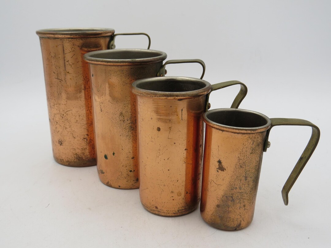 Vintage Copper Measuring Cups, Set of 4, Brass Handles, Stackable ...