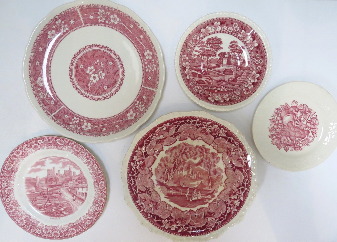 5 Red Transferware Plates, Set of 5, Pink Transferware, Gallery Wall ...
