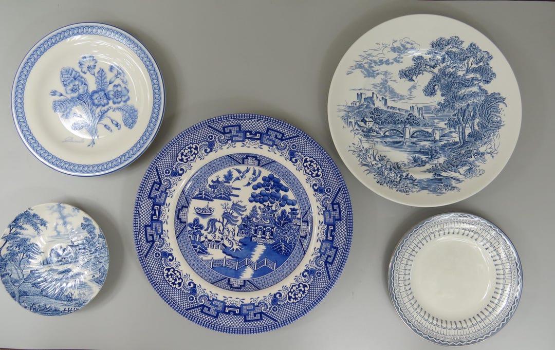 Vintage Blue and White Transferware Plates, Set of 5, Plates for ...