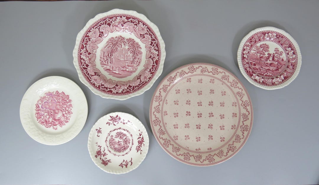 5 Red Transferware Plates, Set of 5, Pink Transferware, Gallery Wall ...