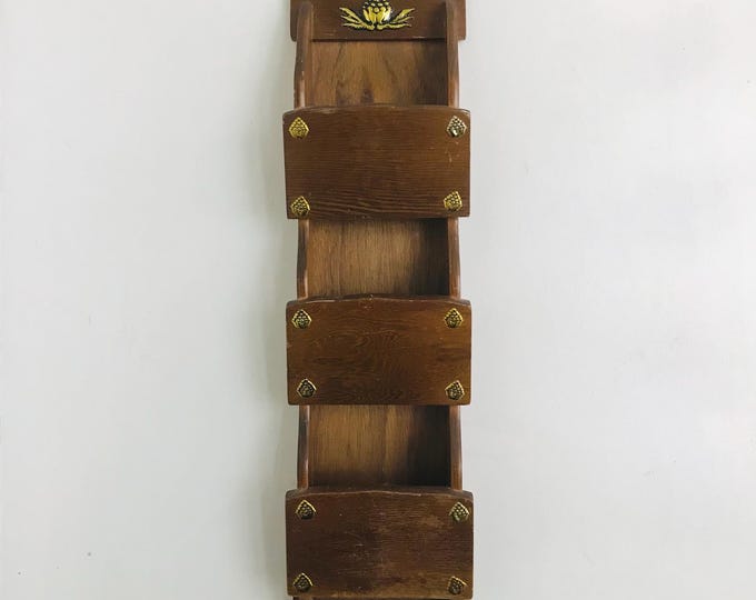 Vintage Wood Wall Mount Mail Organizer, Wood Letter Holder With Hooks ...