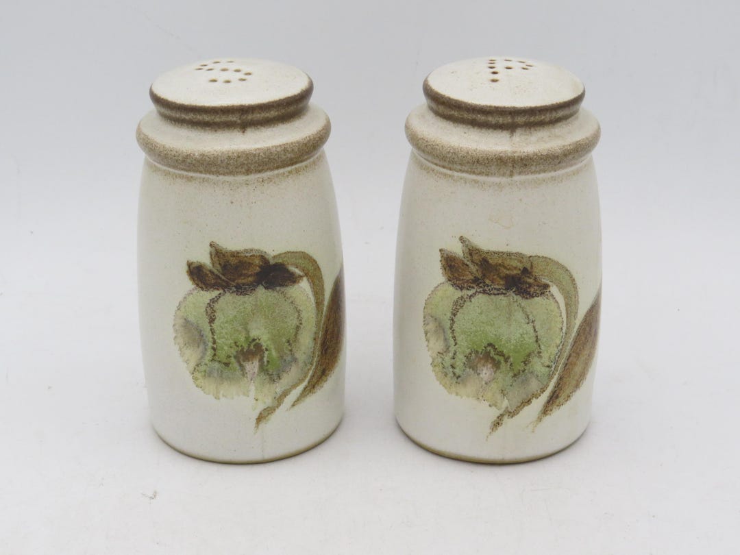 Denby Troubador Salt and Pepper Set, Beige Stoneware With Green Flowers ...