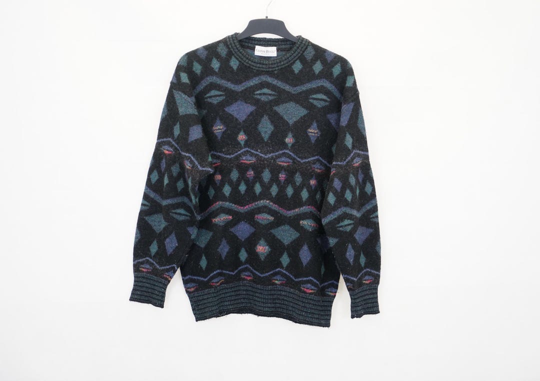 Vintage Bugli Colorful Crazy Pattern Knitted Sweater Pullover Size M 50 ...