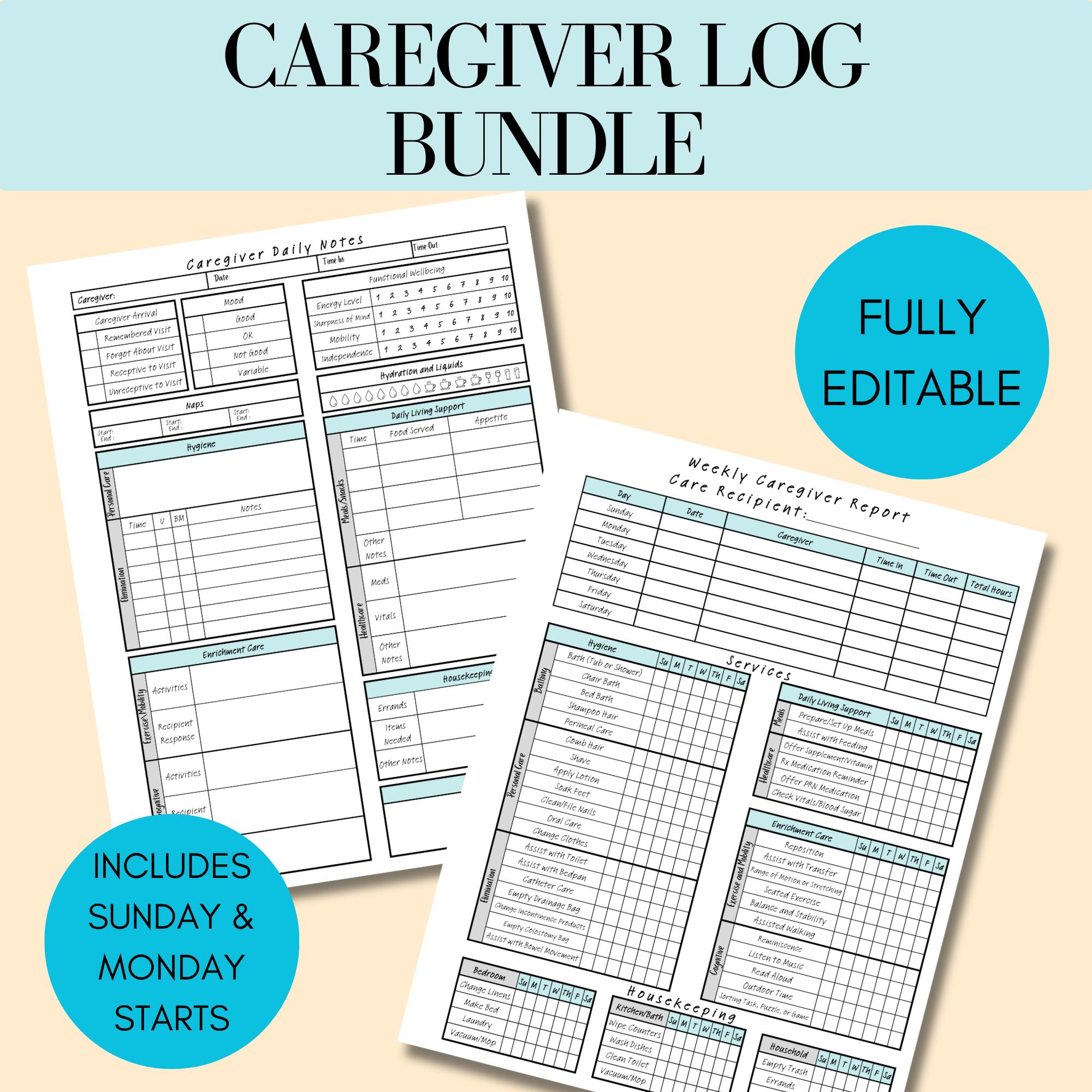 BUNDLE: Weekly Caregiver Checklist AND Daily Caregiver Log - Etsy