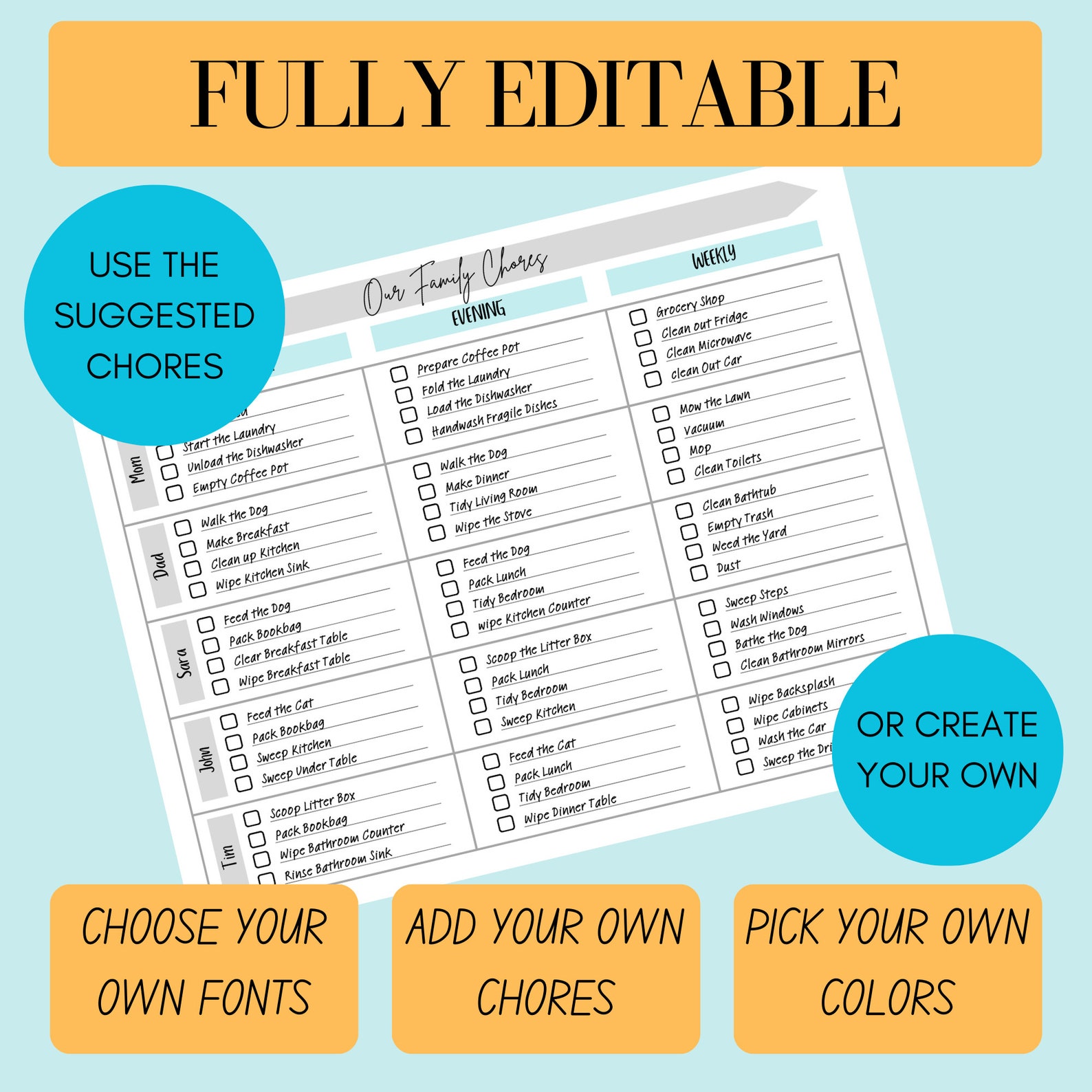 Editable Daily and Weekly Family Chore Chart and Printable PDF for ...