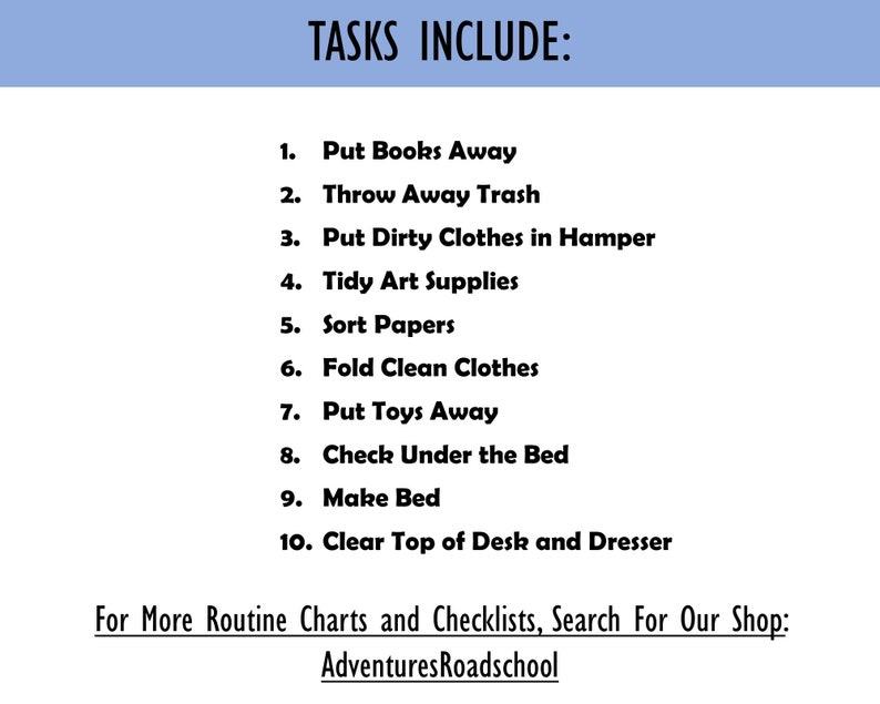 Bedroom Cleaning Checklist Chore Chart for Kids With Pictures - Etsy