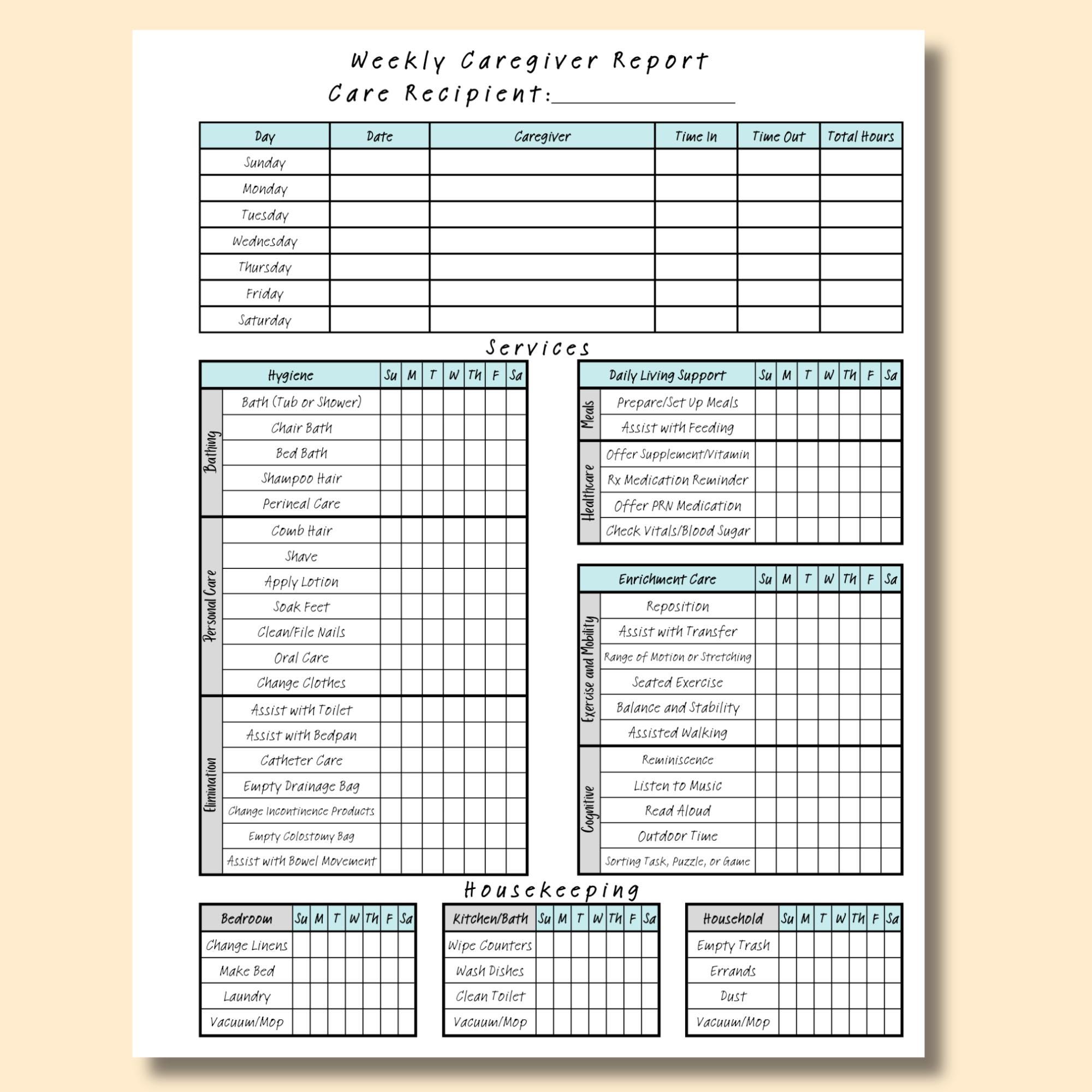 BUNDLE: Weekly Caregiver Checklist AND Daily Caregiver Log - Etsy