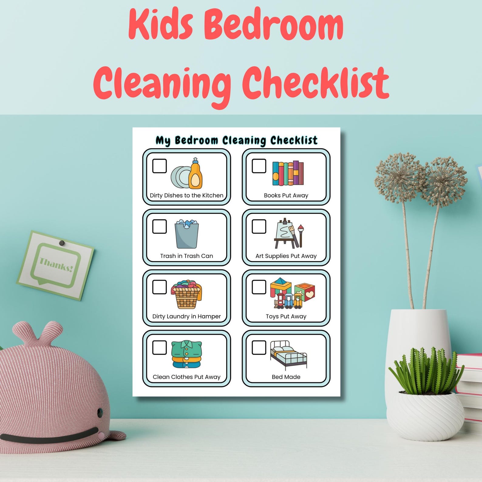 Chore Chart for Kids / Printable Bedroom Cleaning Checklist With ...