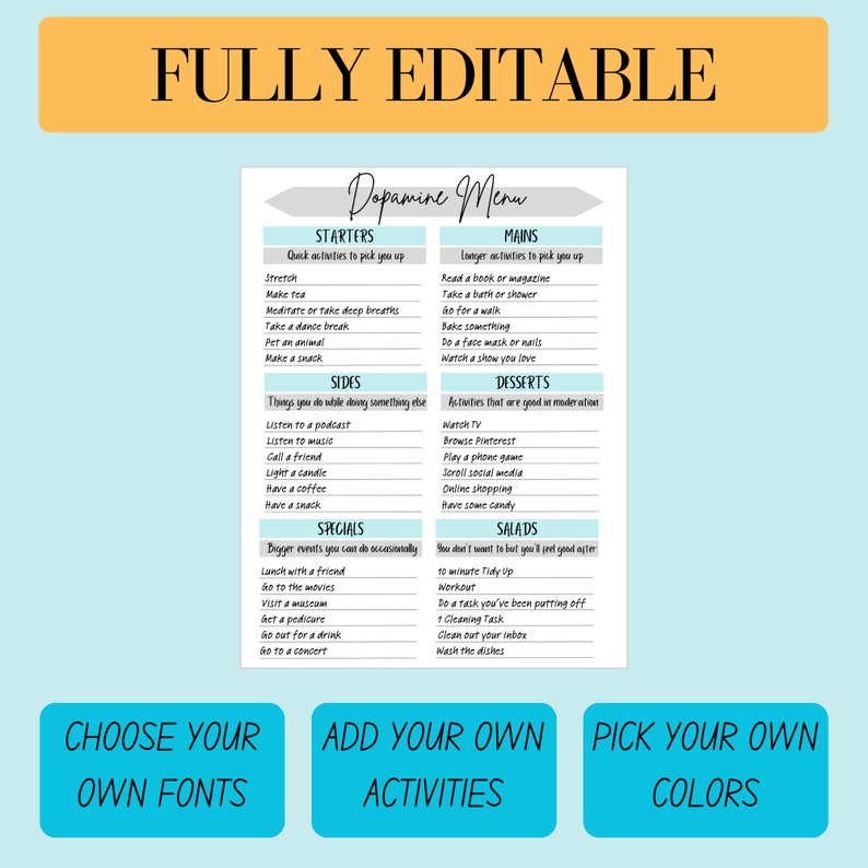 Dopamine Menu- Fully Editable and Printable Aesthetic Dopamenu - Etsy