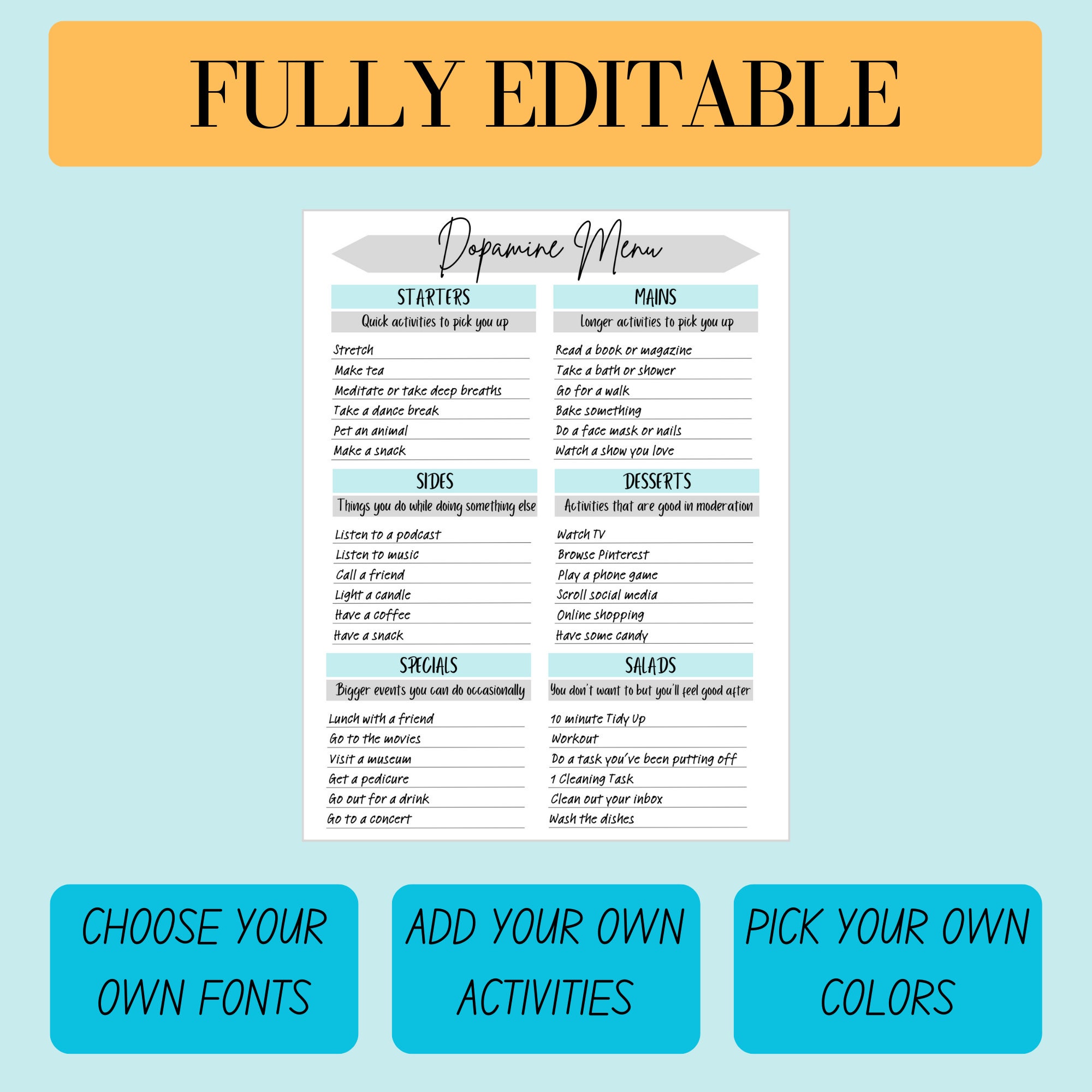 Dopamine Menu- Fully Editable and Printable Aesthetic Dopamenu - Etsy