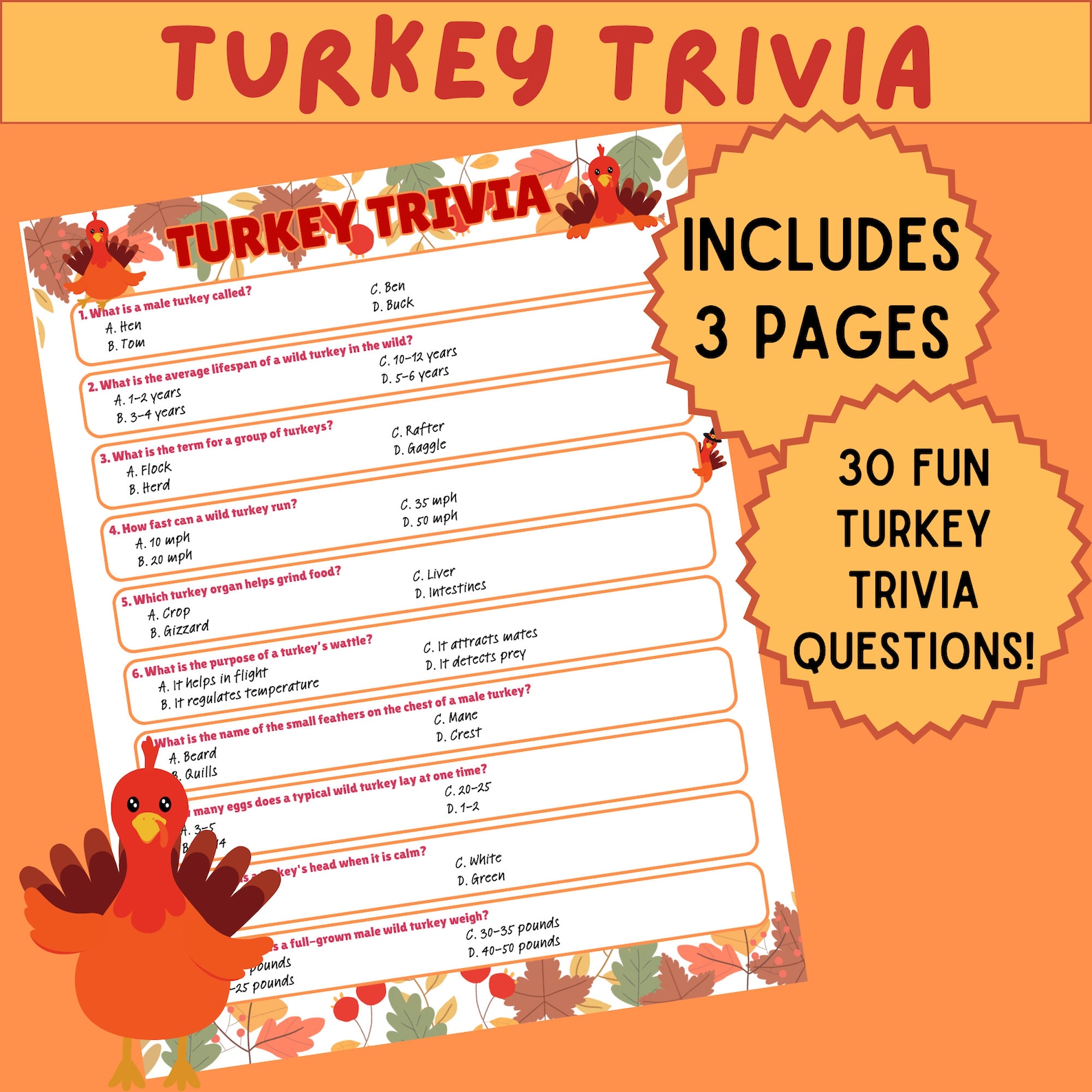 Turkey Trivia Game - Thanksgiving Trivia Friendsgiving Game or Fun ...