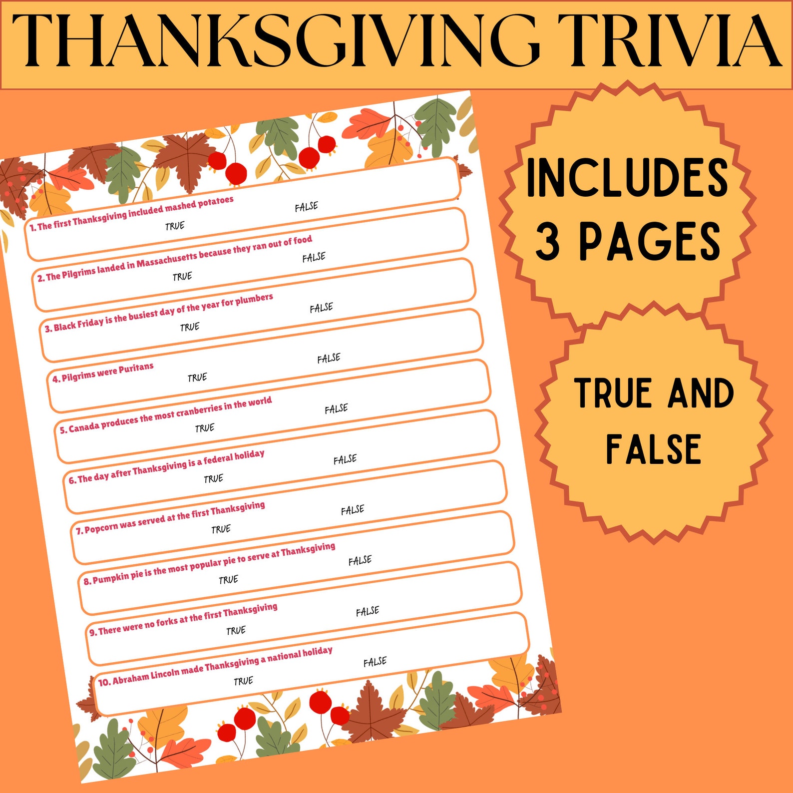 True or False Thanksgiving Trivia Game - Turkey Trivia Friendsgiving ...