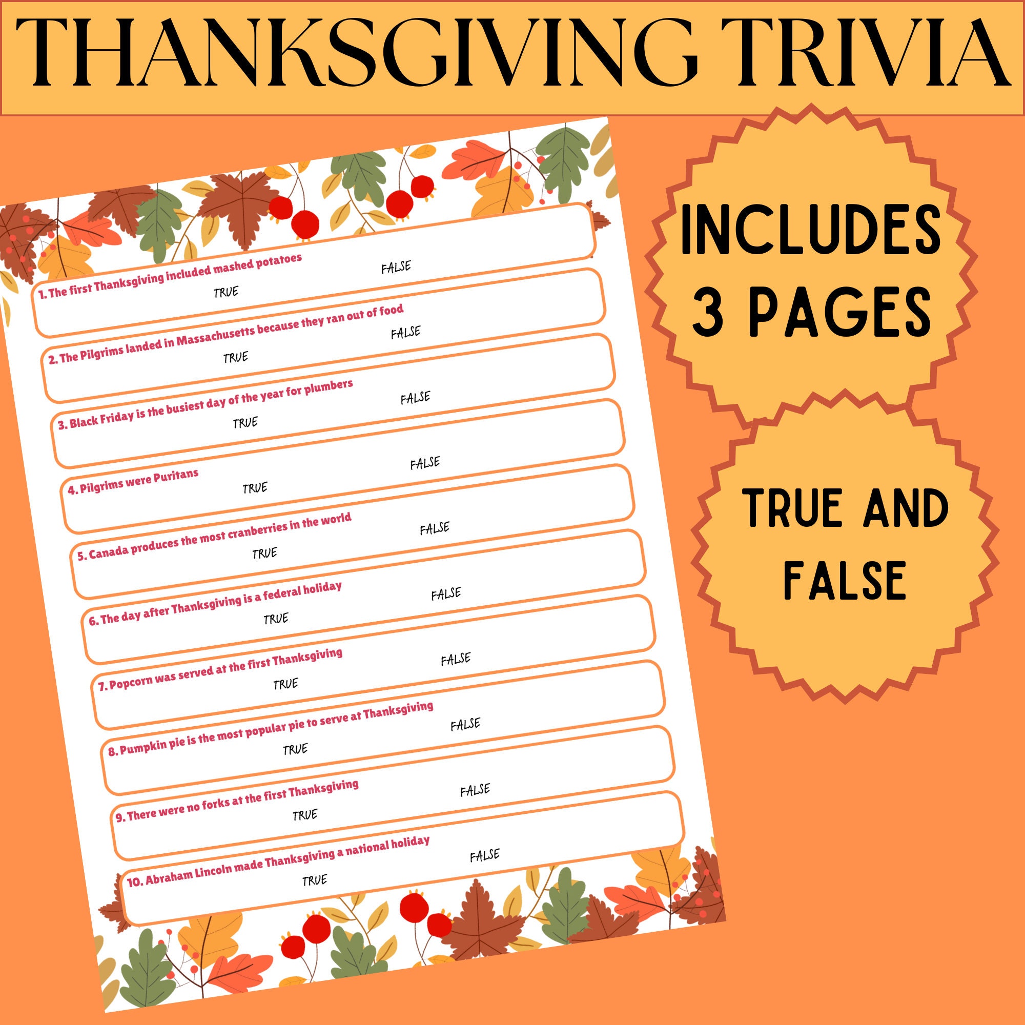 True or False Thanksgiving Trivia Game - Turkey Trivia Friendsgiving ...