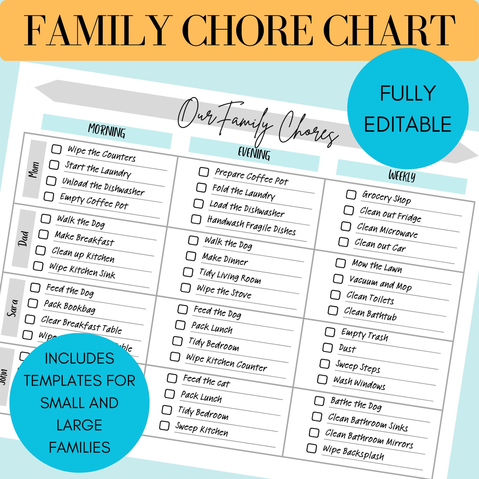 Editable Daily and Weekly Family Chore Chart and Printable PDF for ...