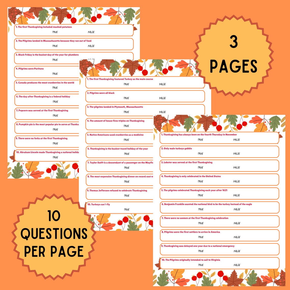 True or False Thanksgiving Trivia Game - Turkey Trivia Friendsgiving ...