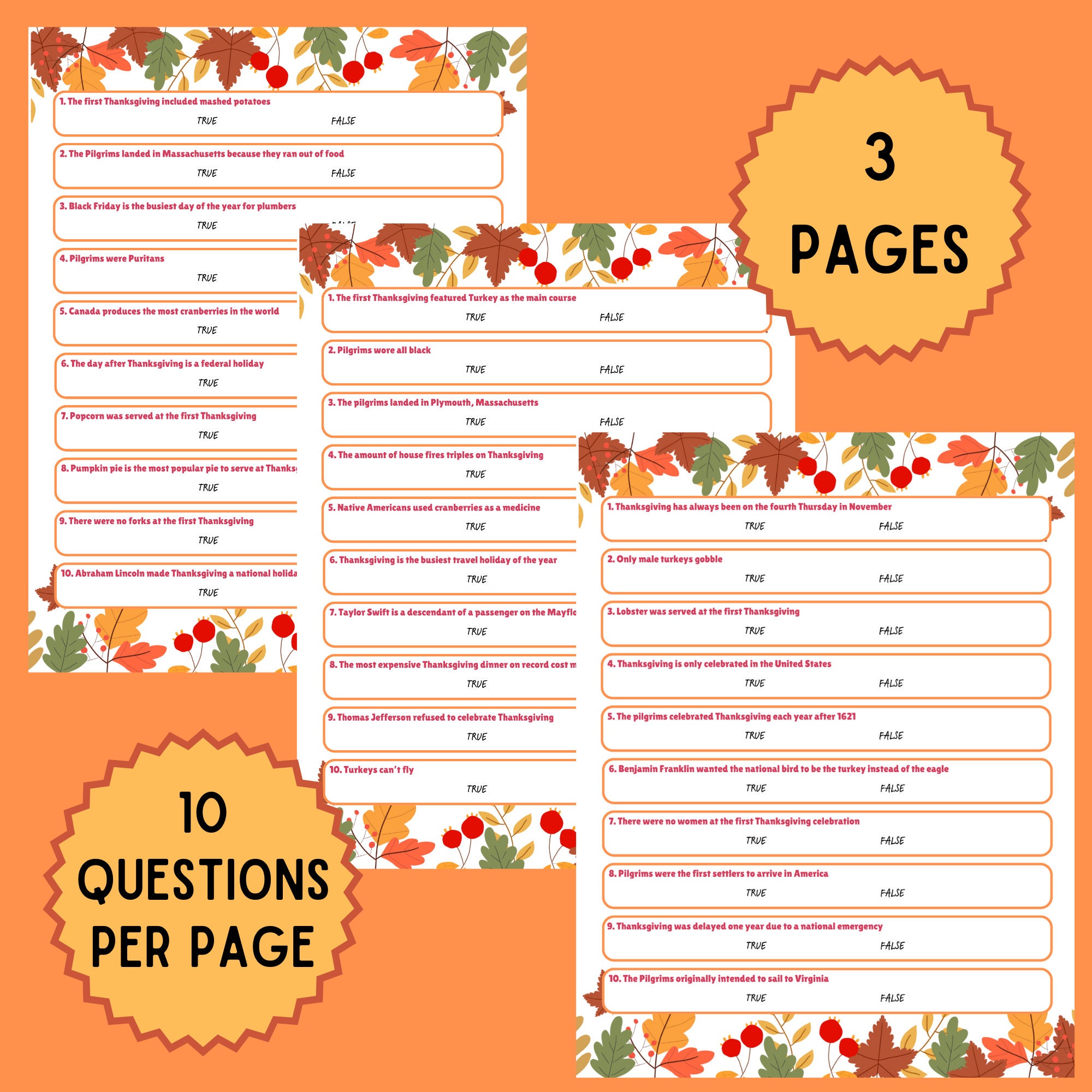 True or False Thanksgiving Trivia Game - Turkey Trivia Friendsgiving ...