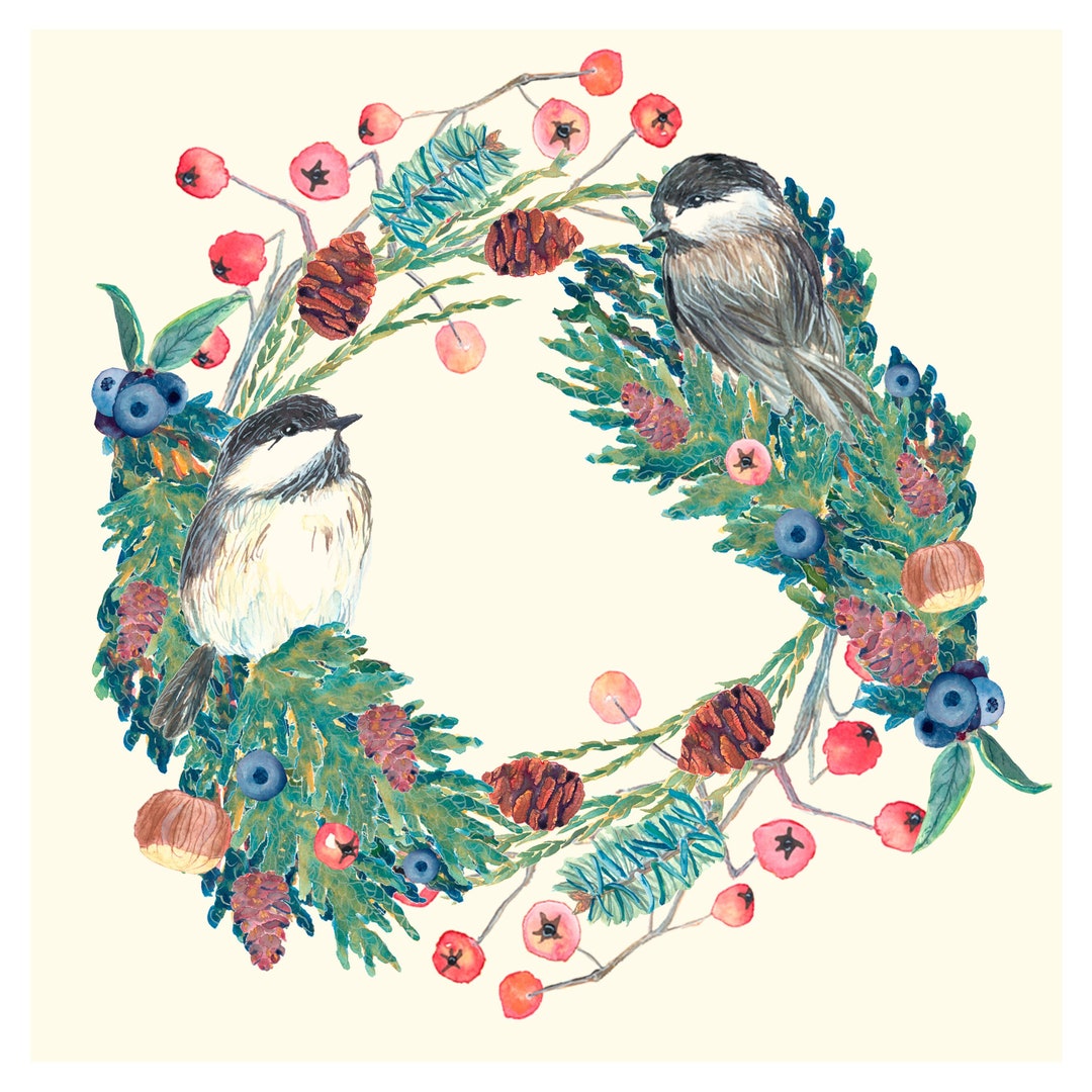Winter Wreath Art Print: Chickadees, Evergreens, PNW Watercolor - Etsy