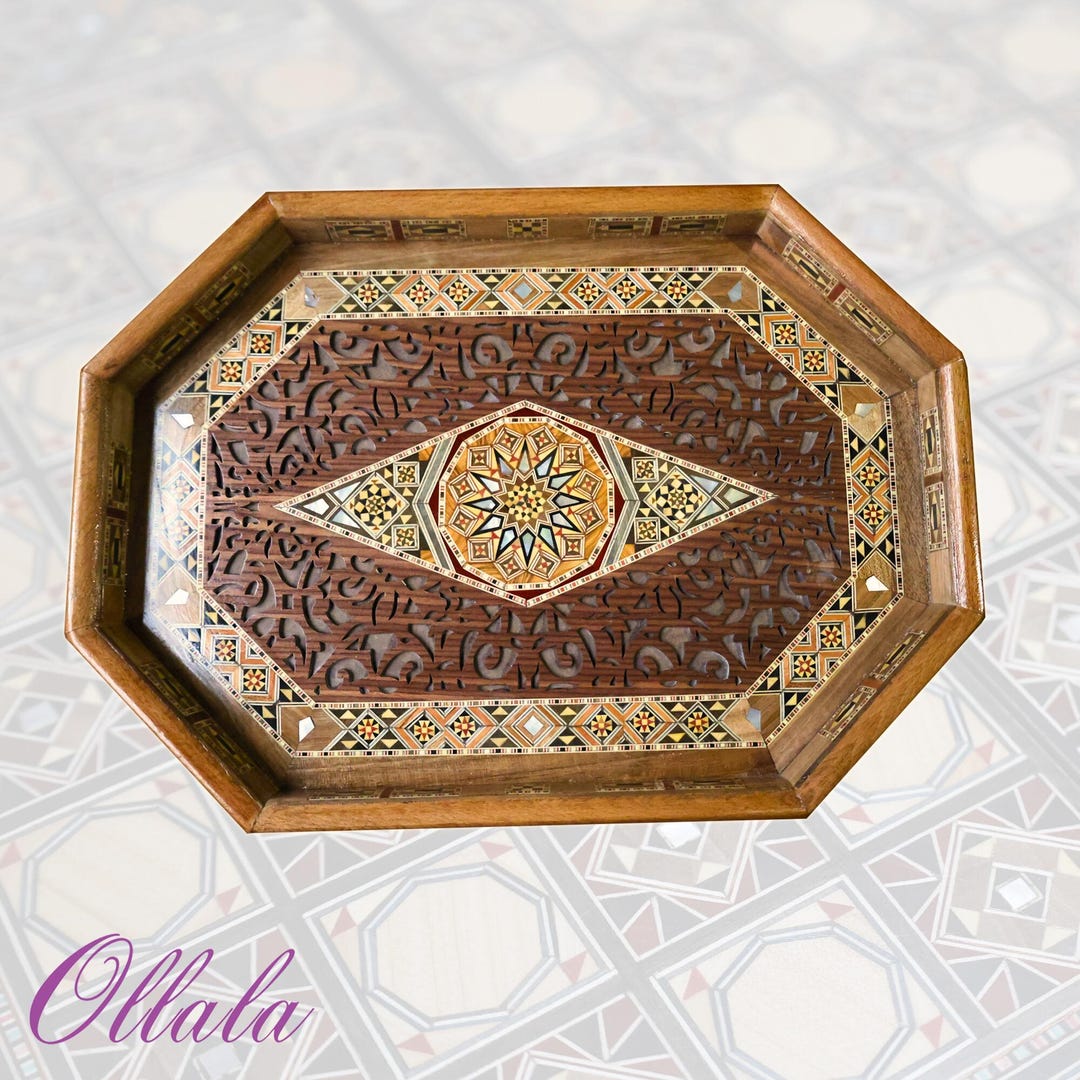 Handmade Syrian Mosaic Tray: Carved Walnut Wood, Mother of Pearl Inlay ...