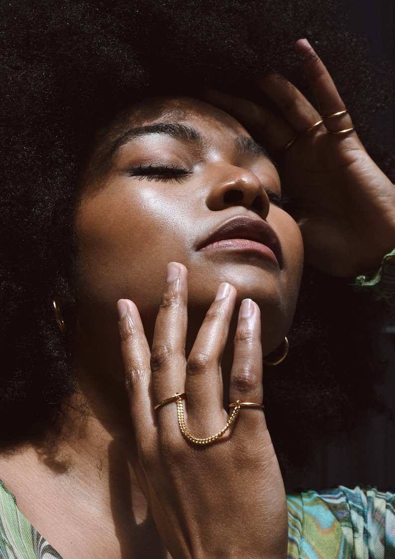 Chained Rings Gold, Double Chain Handcuff Rings, Gold Plated Knuckle ...