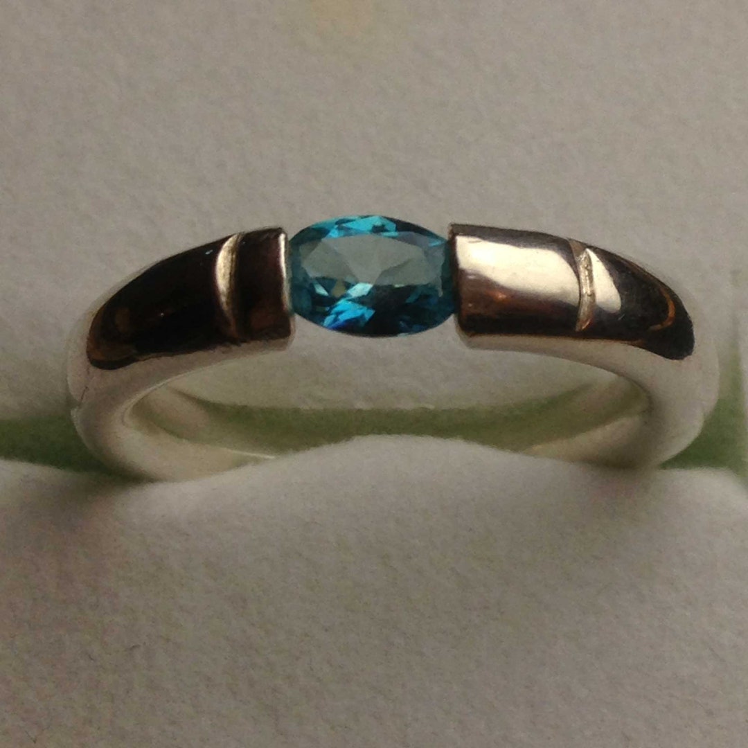 Solid Sterling Silver Tension Set Natural Oval London Blue Topaz Ring ...