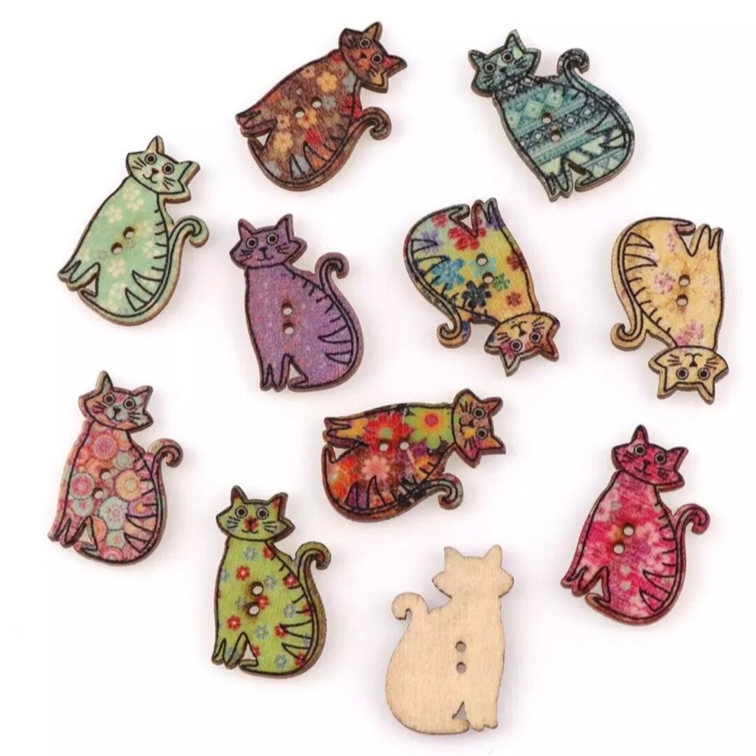 6 Cat Buttons 1.2 Inches Grab Bag Wooden Buttons Sewing - Etsy