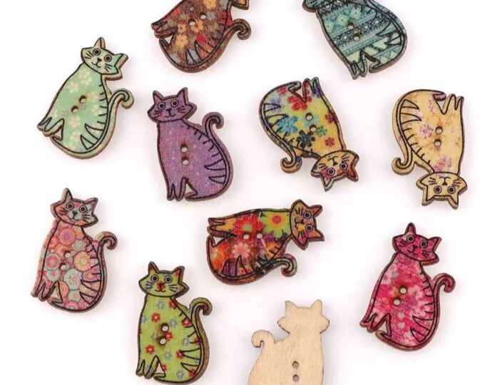 6 Cat Buttons 1.2 Inches Grab Bag Wooden Buttons, Sewing Supplies ...