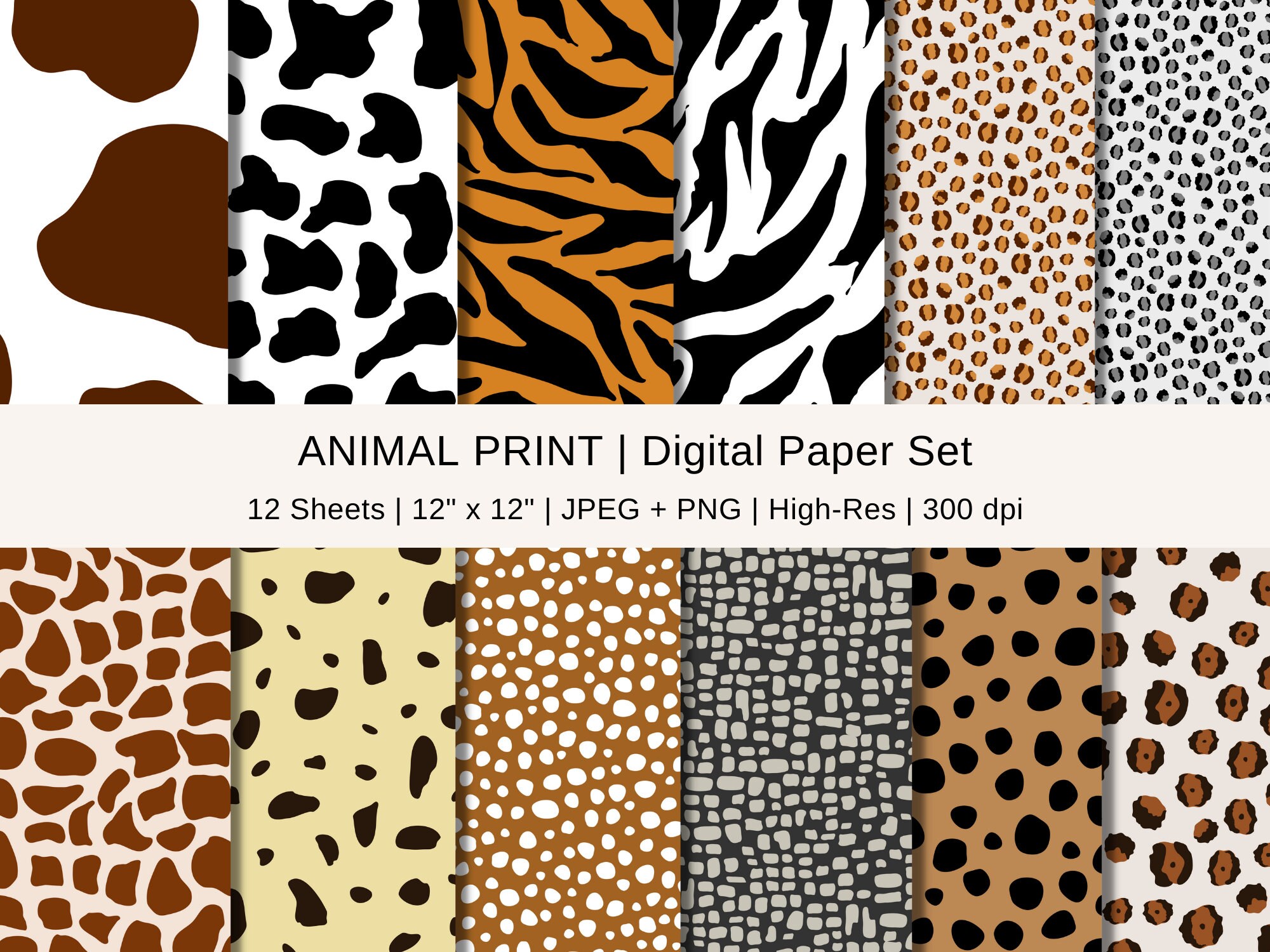 12 Animal Print Digital Paper Pack, Safari, Scrapbook, Leopard, Giraffe ...