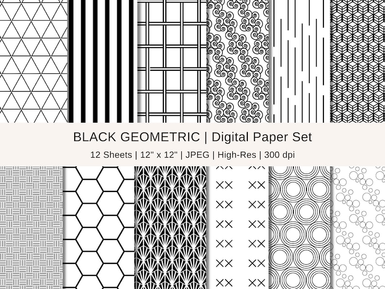 12 Geometric Digital Papers, Black Modern Patterns Digital Paper Pack ...