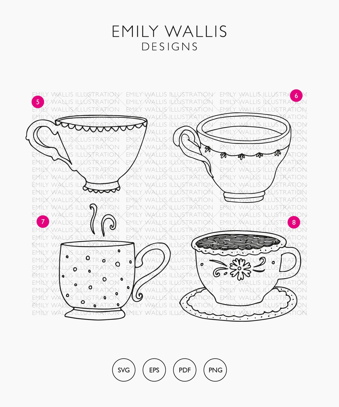 Teacup SVG Files X 15, Tea Cup Clipart, Hand Drawn Illustrated Teacup ...