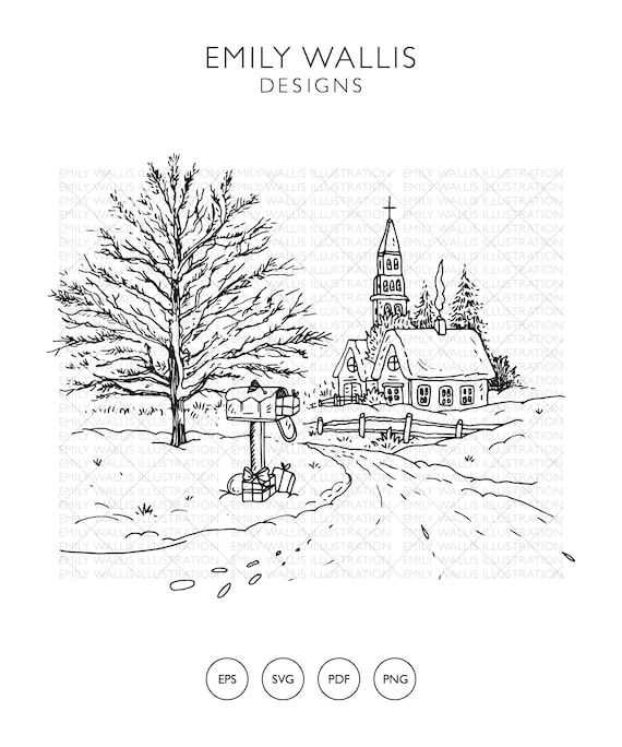 Winter Scene Clipart Black And White