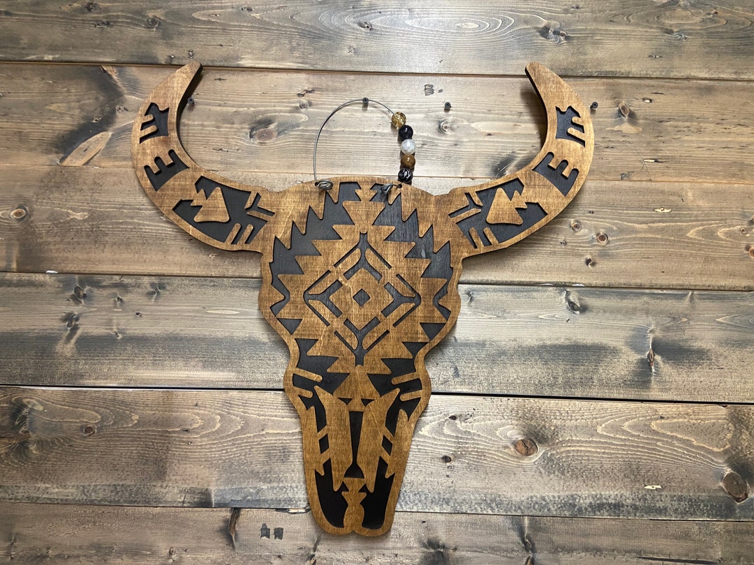 Southwestern Aztec Cow Skull Wooden Door Hanger Western Door Hanger ...