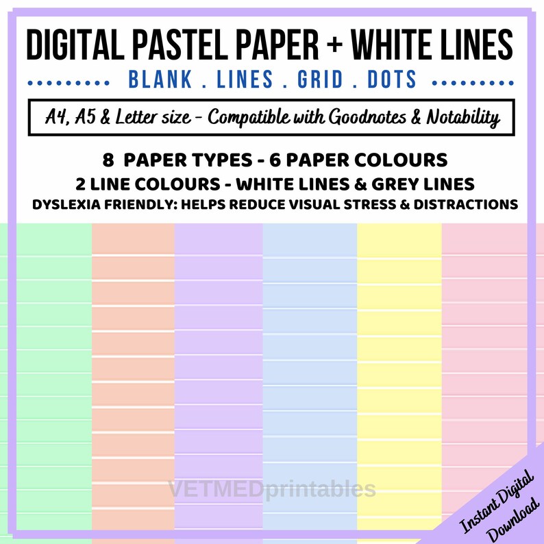 Pastel Paper White Lines SET A4, A5 & Letter Size Digital Paper Set ...