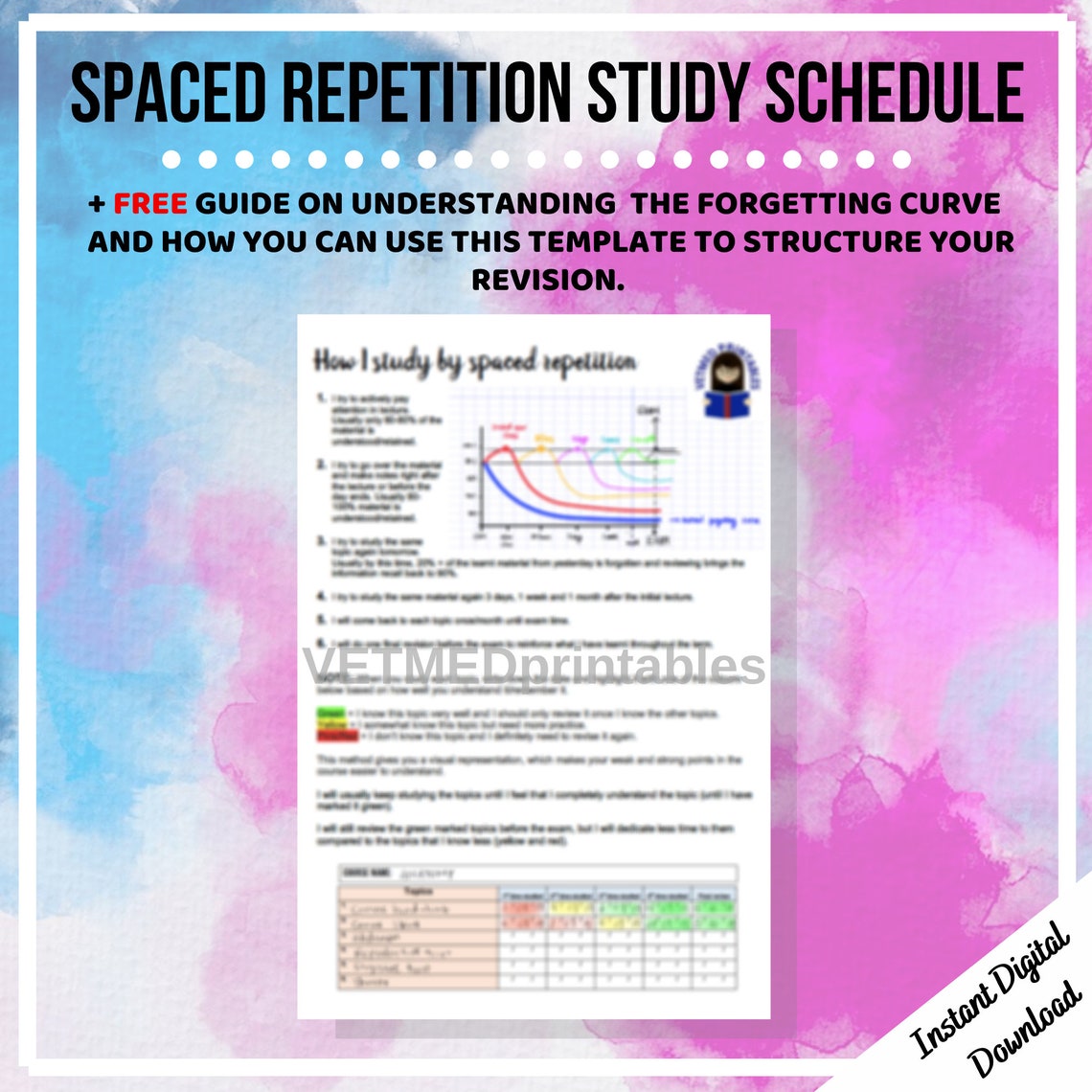 Spaced Repetition Study Schedule University College Revision - Etsy