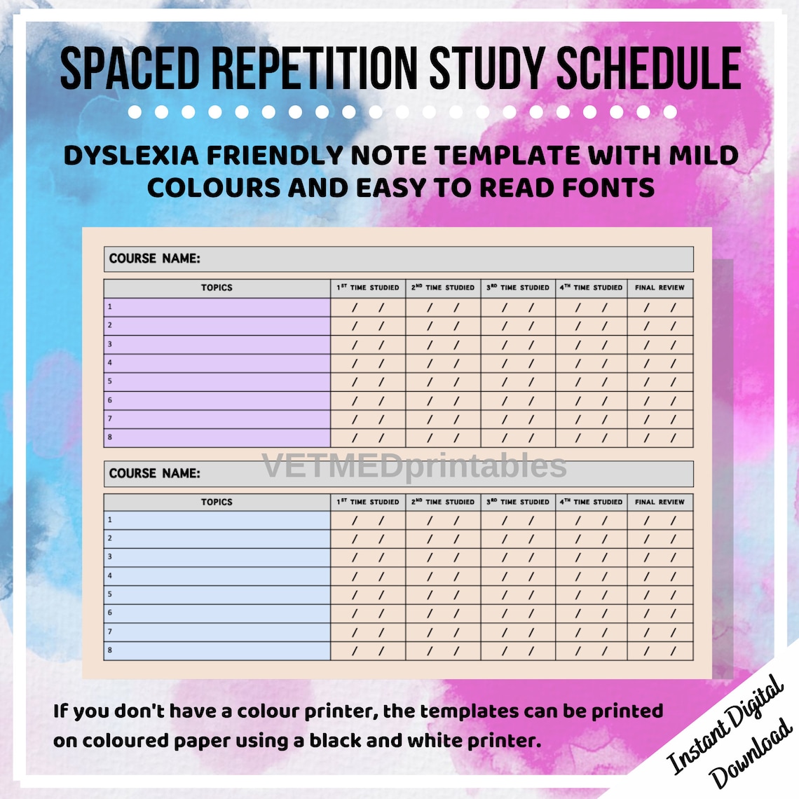 Spaced Repetition Study Schedule University College Revision - Etsy