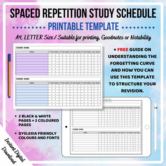 Spaced Repetition Study Schedule University College Revision | Etsy