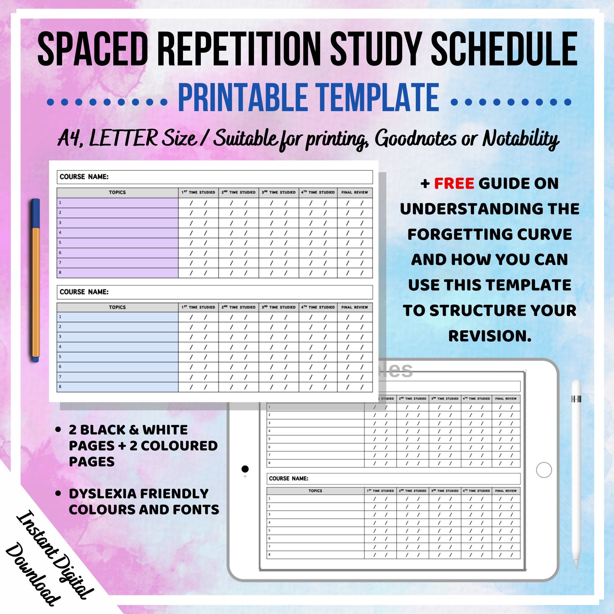 Spaced Repetition Study Schedule University College Revision Etsy UK