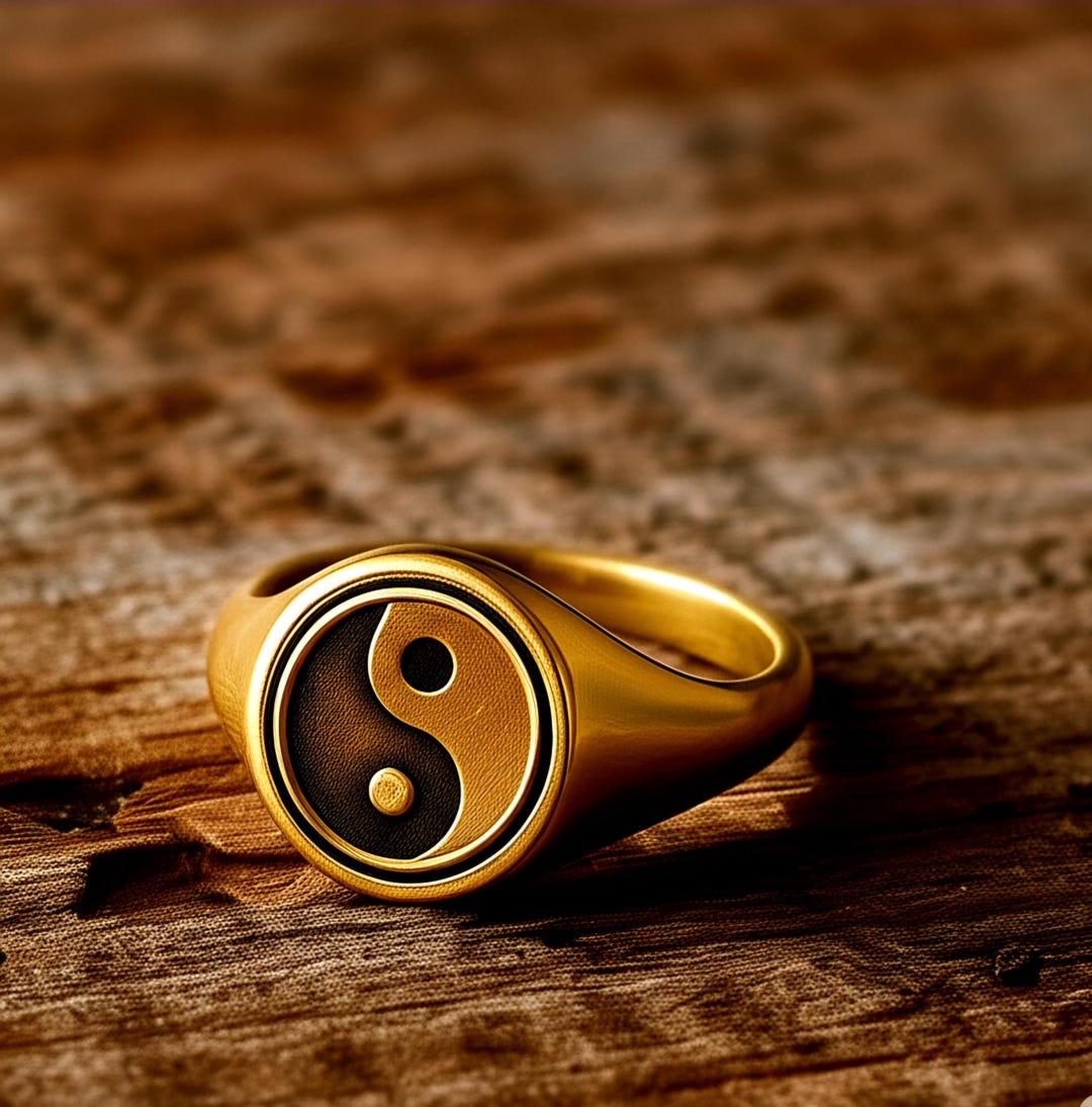 Yin Yang Signet Ring: 14K Gold Plated Tai Chi Symbol, Handmade Brass ...
