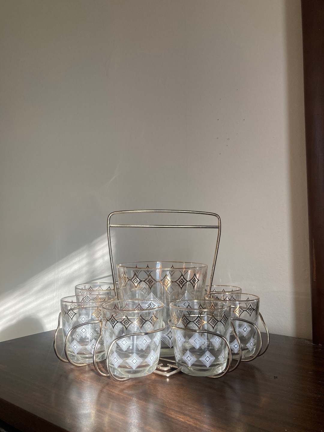 Mid Century Glassware Set and Ice Bucket; Atomic Glasses; Gold Rim ...