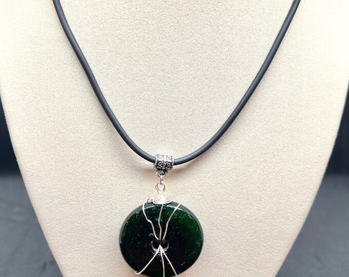 Leather Necklace With Black Wire-wrapped Dark Green Glass Crystal Donut ...